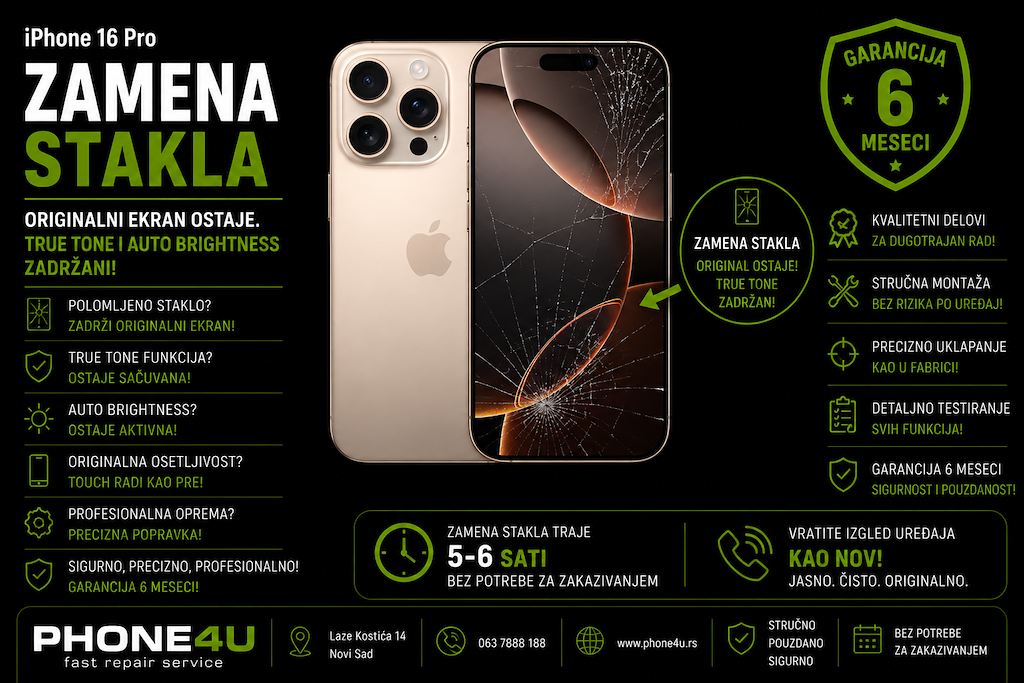 Zamena stakla iPhone 16 Pro | Phone4U Novi Sad