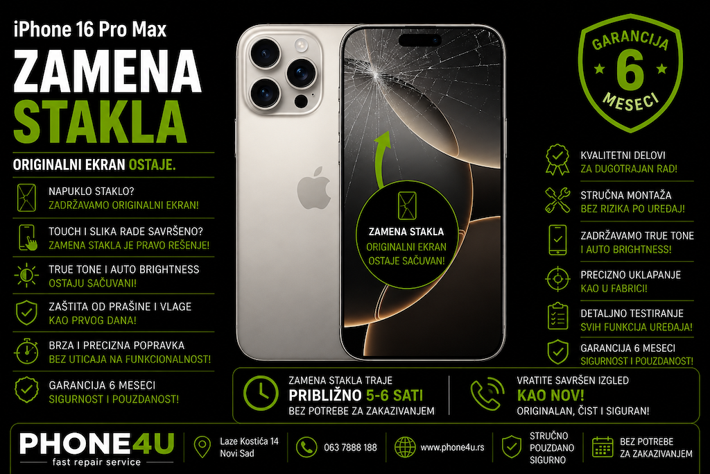 Zamena stakla iPhone 16 Pro Max | Phone4U Novi Sad