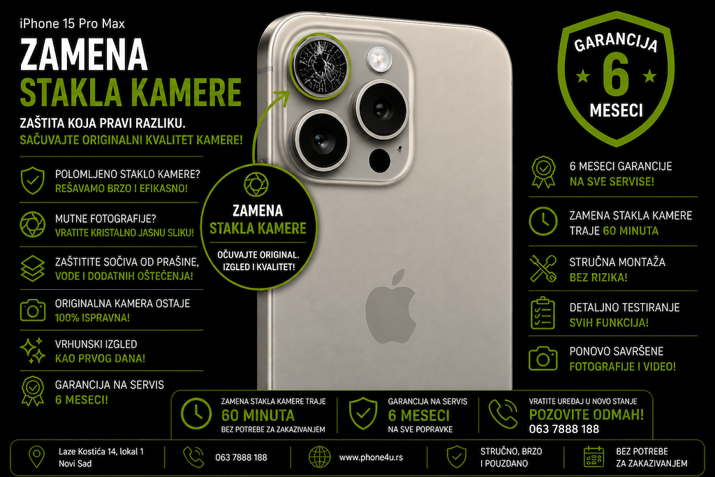 Zamena stakla kamere iPhone 15 Pro Max | Phone4U Novi Sad