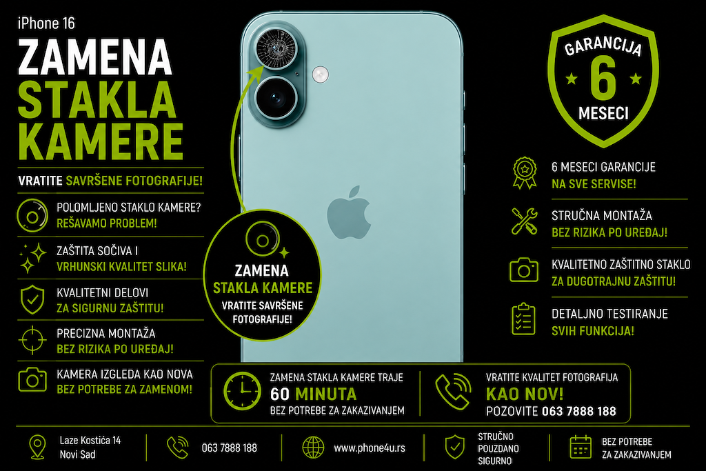 Zamena stakla kamere iPhone 16 | Phone4U Novi Sad
