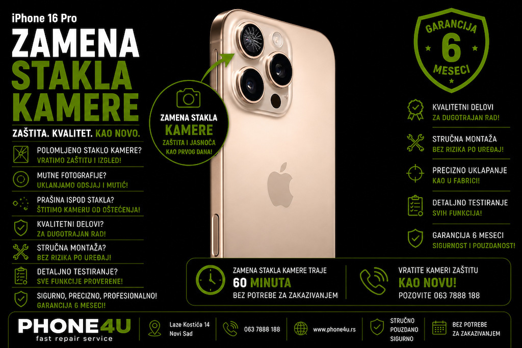 Zamena stakla kamere iPhone 16 Pro | Phone4U Novi Sad