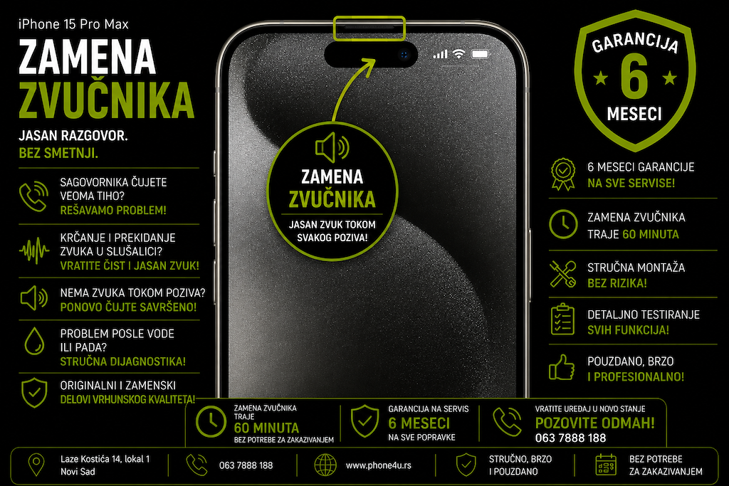 Zamena zvučnika iPhone 15 Pro Max | Phone4U Novi Sad
