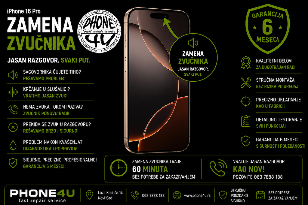 Zamena zvučnika iPhone 16 Pro | Phone4U Novi Sad