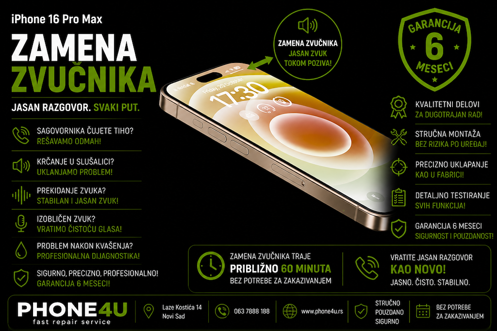 Zamena zvučnika iPhone 16 Pro Max | Phone4U Novi Sad