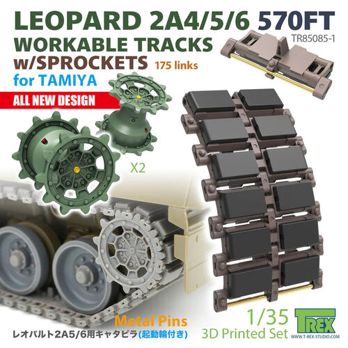 NEW! T-Rex Studio 85085-1 Leopard 2 A4 / A5 / A6 - 570FT Workable Tracks with Sprocket (for Tamiya Kits / 3D-Printed)