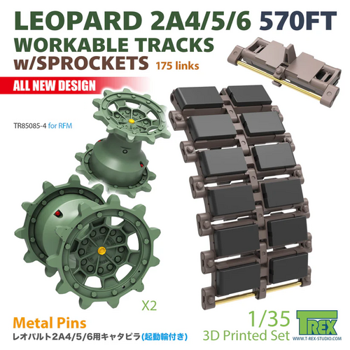 NEW! T-Rex Studio 85085-4 Leopard 2 A4 / A5 / A6 - 570FT Workable Tracks with Sprocket (for RFM Kits / 3D-Printed)