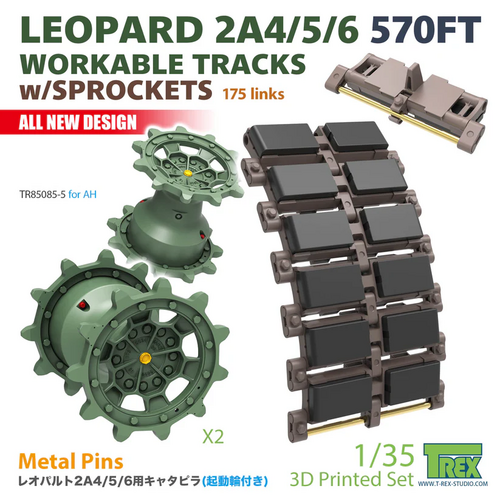 NEW! T-Rex Studio 85085-5 Leopard 2 A4 / A5 / A6 - 570FT Workable Tracks with Sprocket (for Amusing Hobby Kits / 3D-Printed)