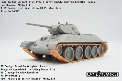 NEW! Fab Scale Fa35036 Russian Medium Tank T-34 - Type V Early Double Chevron KhPz183 Tracks (for Dragon and Tamiya Kits / 3D-Printed)