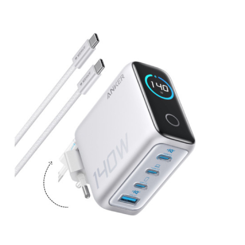 ANKER 140W GaN 4-porta (3x USB-C i 1x USB-A) Zidni punjač sa USB-C MM pletenim kablom Srebrni