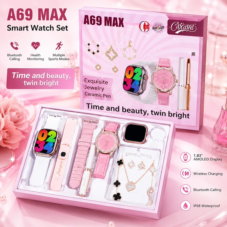 A69 MAX Smart Sat sa Nakitom – Luksuzni Gift Set za Žene | Pametni Sat + Nakit u Poklon Pakovanju