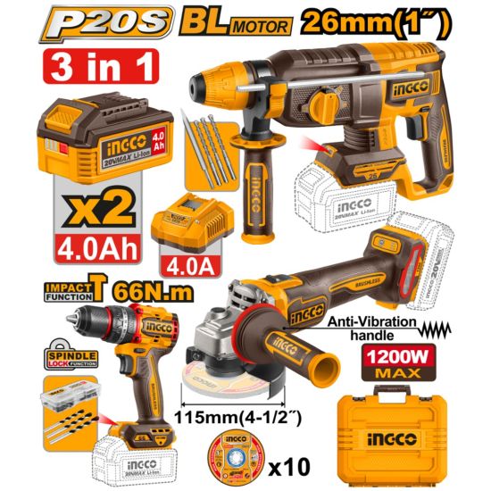 Akumulatorski set vibraciona bušilica + elektro-pneumatska bušilica + ugaona brusilica + 20V 2x4,0Ah + pribor Super INGCO CKLI202598E
