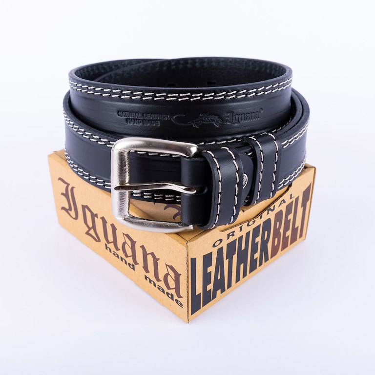 Crni kožni kaiš ≈ 4 cm – dupli štep beli konac