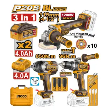Ingco set aku alata / bušilica96Nm/brusilica115mm/udarni odvijač 850Nm COSLI251292E