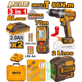 Ingco aku set / akumulatorska udarna bušilica-odvijač + laser + daljinomer COSLI251001E