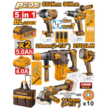 Ingco aku set /udarna bušilica/udarni odvijač/rotaciona čekić bušilica/ugaona brusilica/radna lampa COSLI251193E