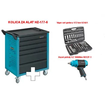 Hazet kolica za alat sa 6 fioka HZ-177-6 + Hazet pištolj HZ-9012P-1 + Vigor set gedora 172 kom. V2461