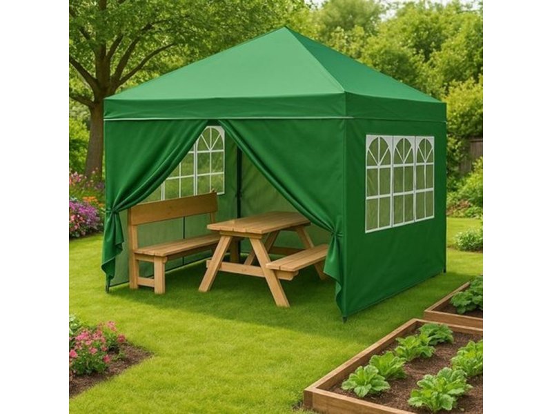 MULTIGARDEN BAŠTENSKI ŠATOR/PAVILJON 3 × 3 M, AUTOMATSKI RASKLOPIV, ZELENI, SA 4 BOČNE STRANICE