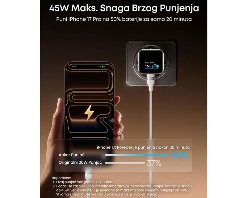 ANKER Nano 45W putni zidni punjač sa ekranom, USB-C port, beli