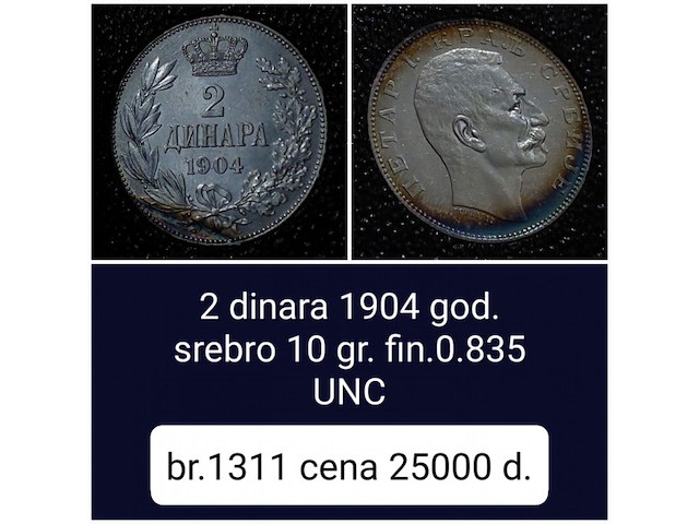 2 Dinara 1904 godine srebro, UNC rainbow patina RRR