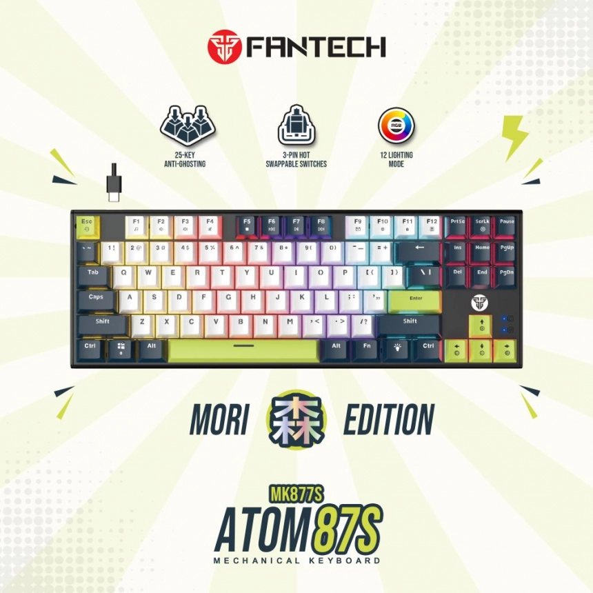 Tastatura Mehanicka Gaming Fantech MK877S RGB Atom 87S Mori bela (taro switch)