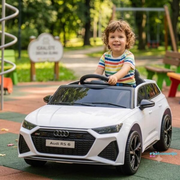 Licencirani Audi RS6 na akumulator 12V sa mekim gumama i kožnim sedištem – Beli