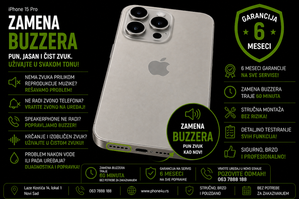 Zamena buzzera iPhone 15 Pro | Phone4U Novi Sad