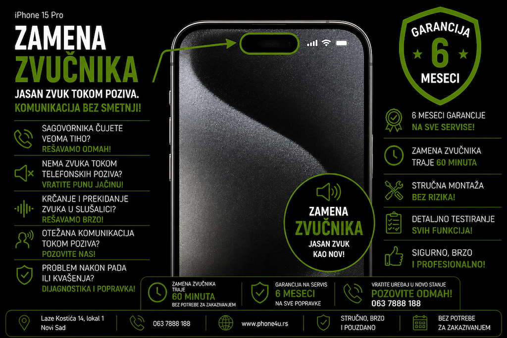 Zamena zvučnika iPhone 15 Pro | Phone4U Novi Sad