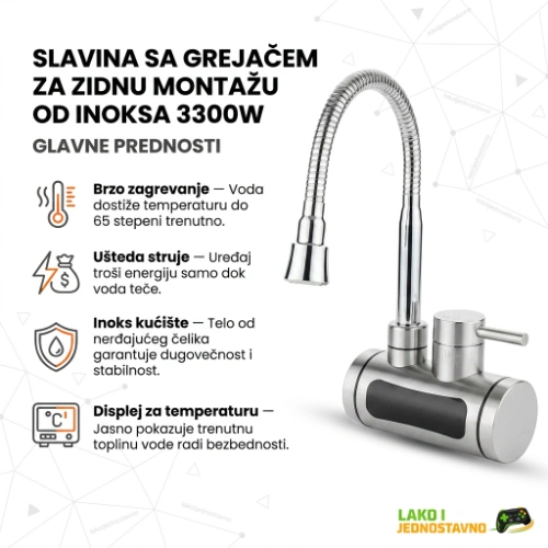 Slavina sa grejačem za zidnu montažu od inoksa 3300W