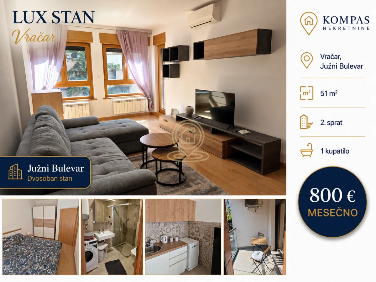 Izdavanje, dvosoban stan, 51m², Južni Bulevar, Vračar Sve Podlokacije