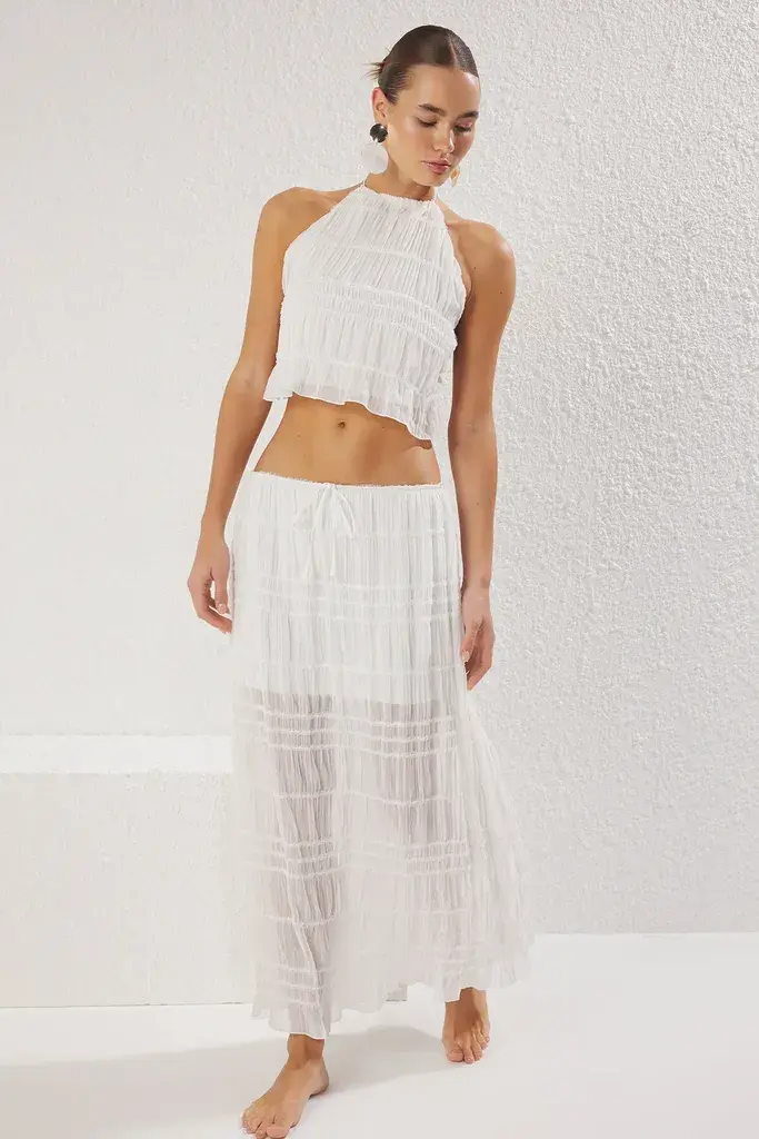 Trendyol Milla Ženski komplet bluza i suknja Tbess25Au00040, Krem