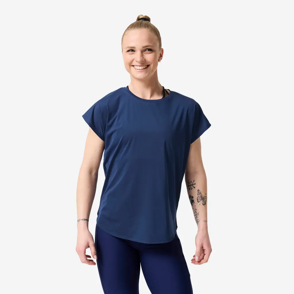 Teget ženska široka i prozračna majica za fitnes