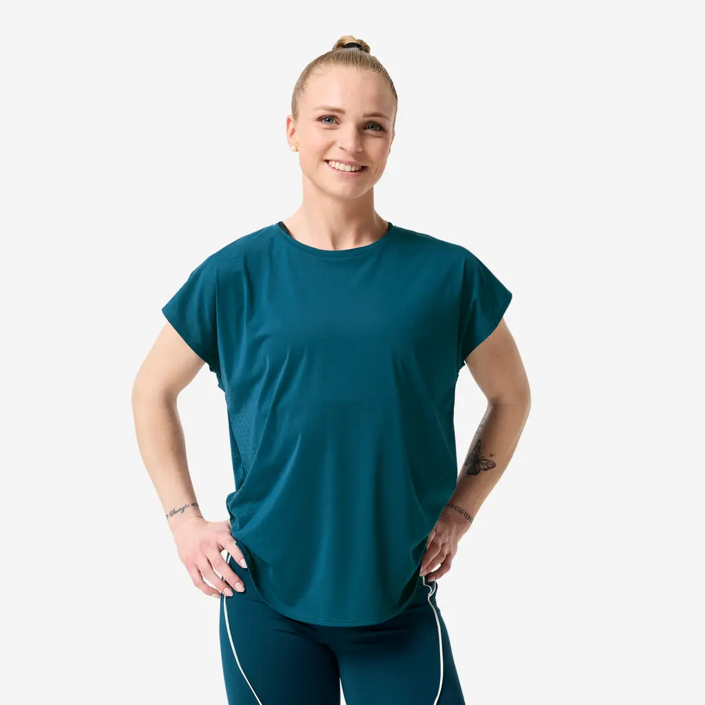Tirkizna ženska široka i prozračna majica za fitnes