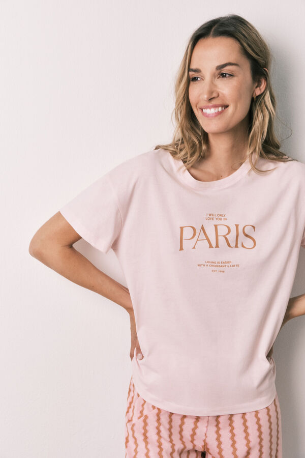 Rosa Baumwoll-Pyjama Capri-Hose mit Wellenmuster