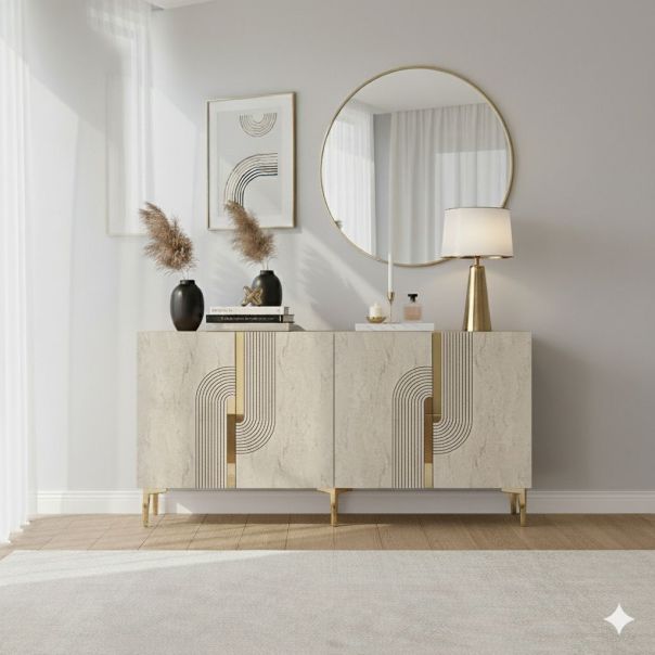 HANAH HOME Komoda Meyra 150, mermerna krem/zlatna
