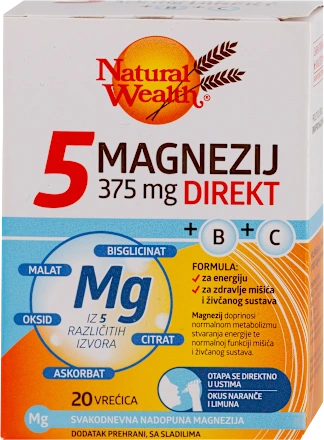 Natural Wealth
5 MAGNEZIJ DIREKT 375mg kesice, sa zaslađivačima, 20 kom
Dodatak ishrani
