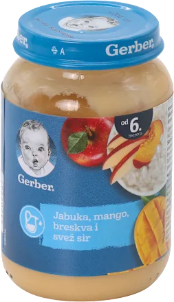 Gerber
Voćna kašica - jabuka, mango, breskva i svež sir, 190 g
Dijetetska namirnica