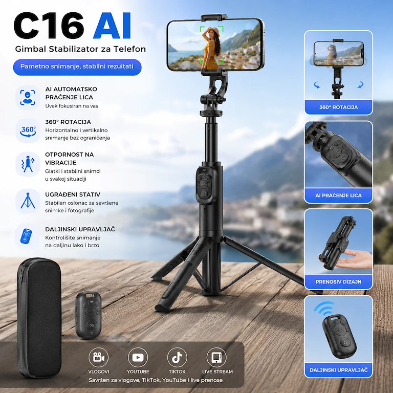 C16 AI Pametni Gimbal Stabilizator za Mobilni Telefon – 360° Rotacija, Praćenje Lica, Anti-Shake, Stativ i Daljinski za TikTok, YouTube i Vlogove