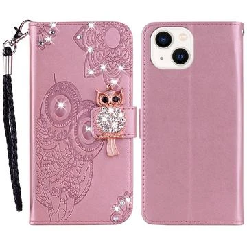 IPHONE 15 PLUS OWL RHINESTONE WALLET CASE - ROSE GOLD