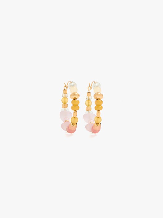 HOOP EARRINGS WITH GLASS AND STONE BEADS