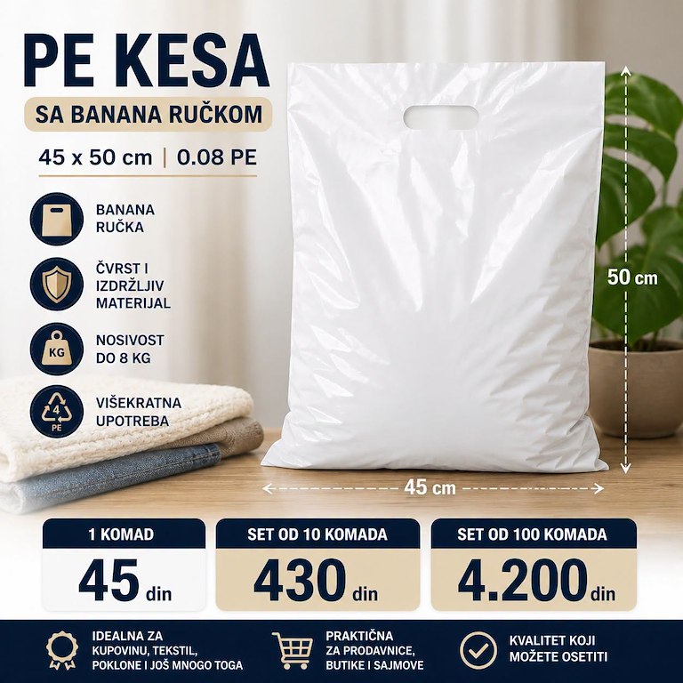PE KESE SA BANANA RUČKOM -45 × 50 cm 80 mikrona PAKET STO KOMADA