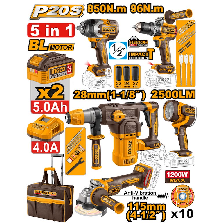 Akumulatorski set alata INGCO COSLI251193E 5/1 20V Brushless