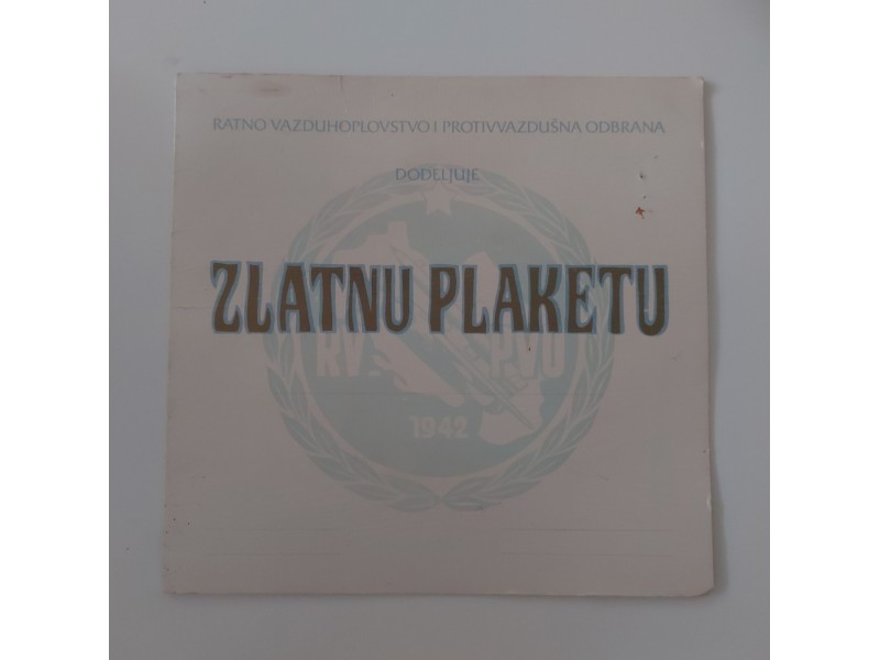 SFRJ JNA dokument za RV i PVO zlatnu plaketu