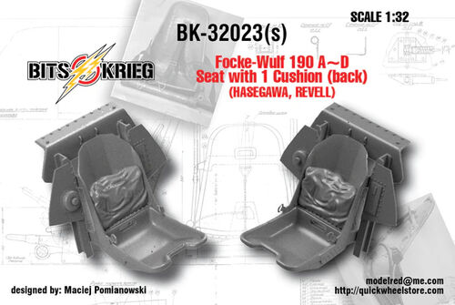 NEW! Bitskrieg 32023 Focke Wulf Fw-190 A-D - Seat with 1 Cushion Back (for Hasegawa and Revell Kits)