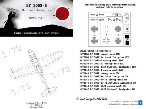 NEW! DEAD Design Models NM72241 Messerschmitt Bf-109 G-6 - National Insignia Paint Masks (for Tamiya Kits)