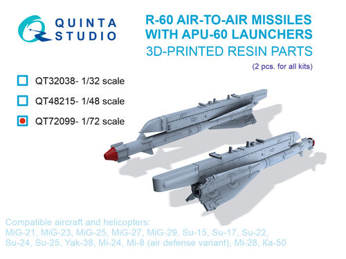 NEW! Quinta Studio QT72099 R-60 Air-to-Air Missiles with APU-60 Launchers (2 pcs / 3D-Printed)