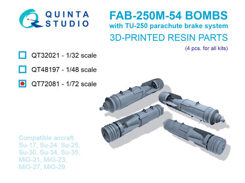 NEW! Quinta Studio QT72081 FAB-250 M-54 Bombs with TU-250 Parachute Brake System (4 pcs / 3D-Printed)