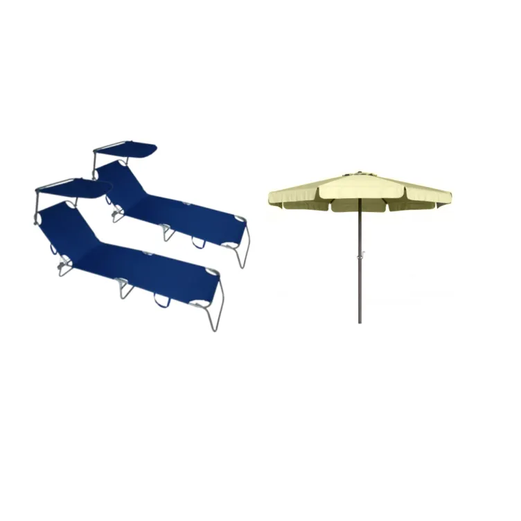 Ležaljke za plažu sa tendom set 2 kom (plave) + suncobran