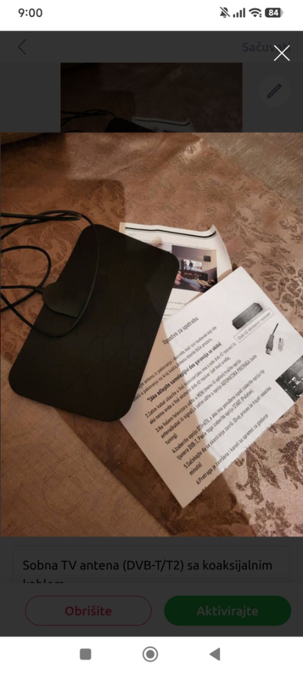 Sobna TV antena za digitalni prijem (DVB‑T/T2) sa koaksijalnim kablom