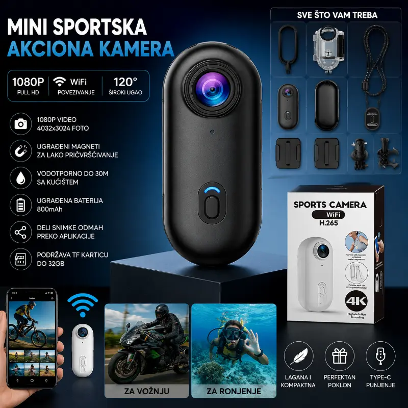 Mini WiFi akciona kamera 1080P sa vodootpornim kućištem