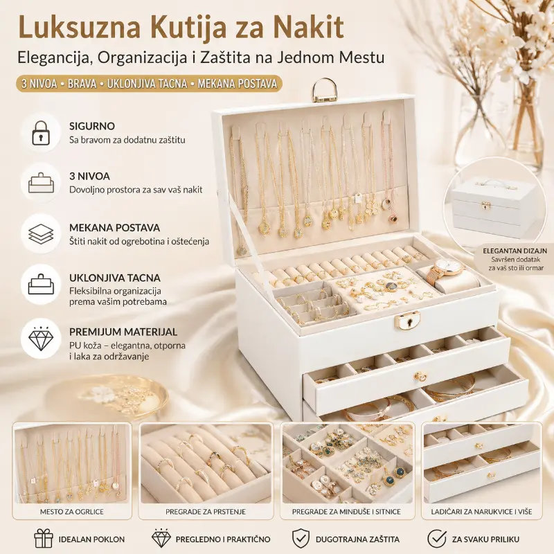 Elegantna kutija za nakit sa tri nivoa i bravicom